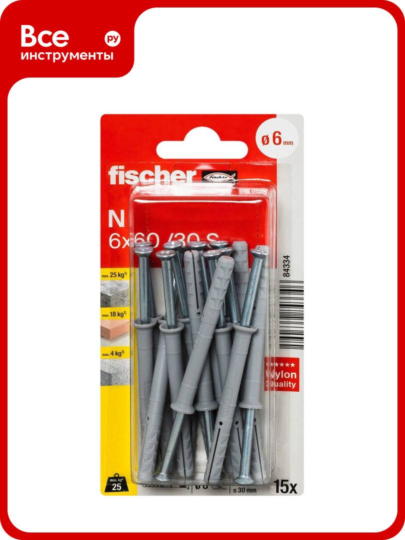 Дюбель-гвоздь fischer потайной 6x60 15 шт. 84334, ускорения монтажа
