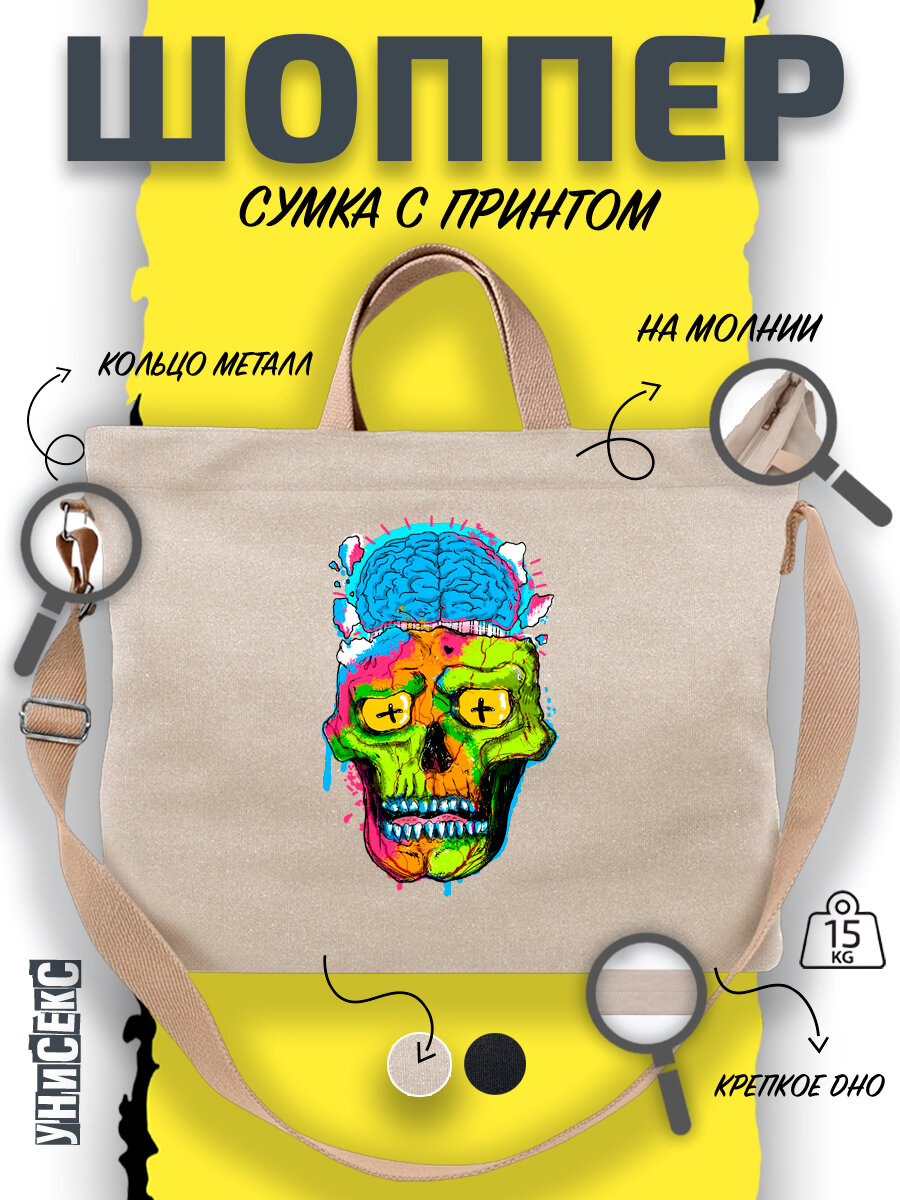 Сумка  шоппер y2k через плечо с черепом арт