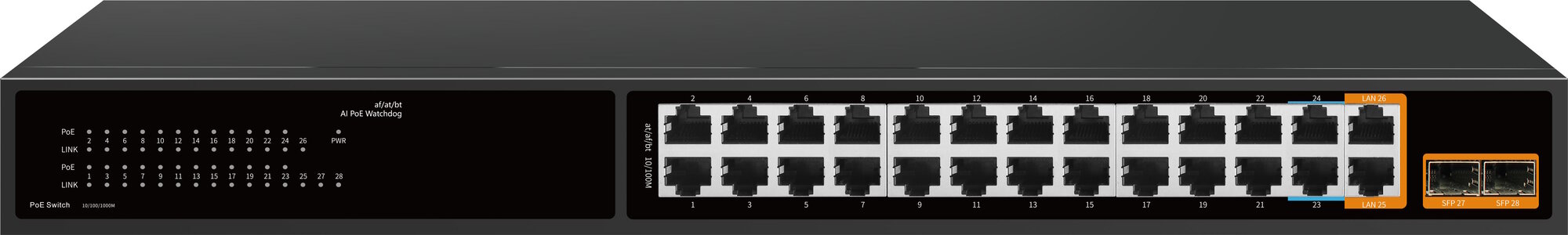 Tantos TSn-22F2GP26G2 Неуправляемый коммутатор на 26 портов, PoE, Uplink