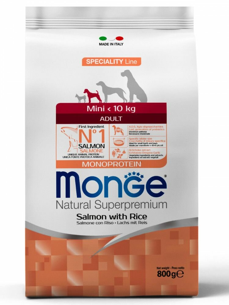 Сухой корм Monge Dog Speciality Line Monoprotein Mini, для взрослых собак мелких пород, из лосося с рисом, 800 г