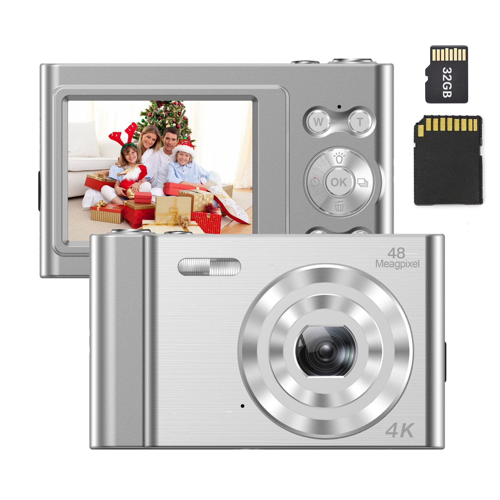 Камера цифровая 4K видеокамера 48MP экран IPS 2.4 дюйма автофокус 16X цифровой зум антидрожение распознавание лиц съемка улыбок встроенный флэш батарея с картой памяти 32GB черный розовый серебристый подарок на Рождество