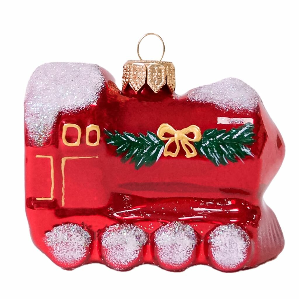 Елочная игрушка фигурка стеклянная "Паровозик" д7,8см, h5,9см, ручная художественная роспись, подарочная упаковка