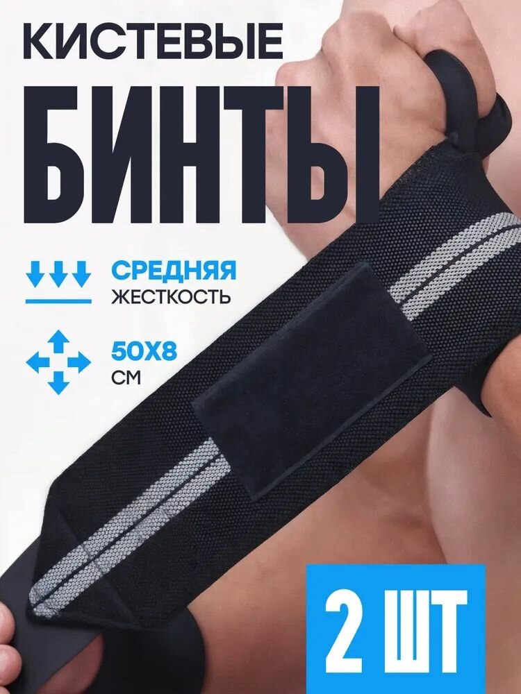 Бинты кистевые для жима, напульсники для спорта / защита фиксатор запястья. Эластичный бинт, спортивный на липучке. Набор 2 шт. Размер 47х8 см. Цвет черно-белый.