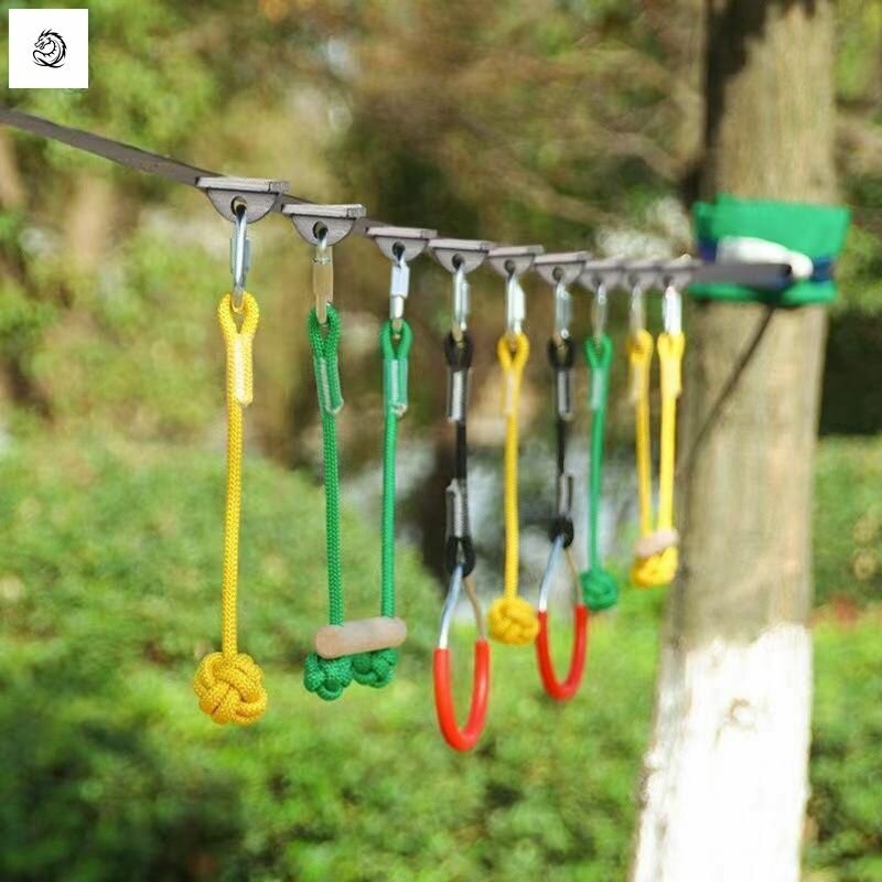 Подвесной спортивный комплекс для улицы набор для слэклайна и препятствий с перекладинами, кольцами и защитой деревьев (грузоподъемность 200 кг)