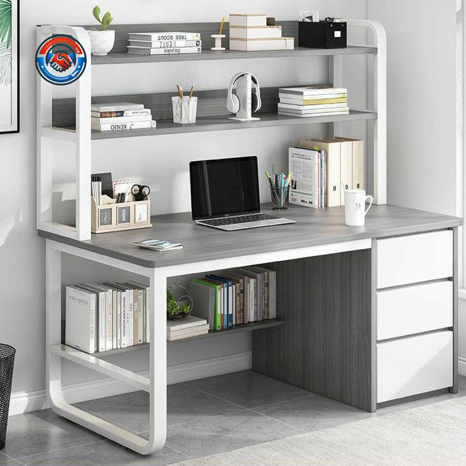 Компьютерный стол 120x50 см, серый, игровой и офисный стол с полкой и тремя ящиками, современная рабочая станция для дома и офиса, легкая сборка