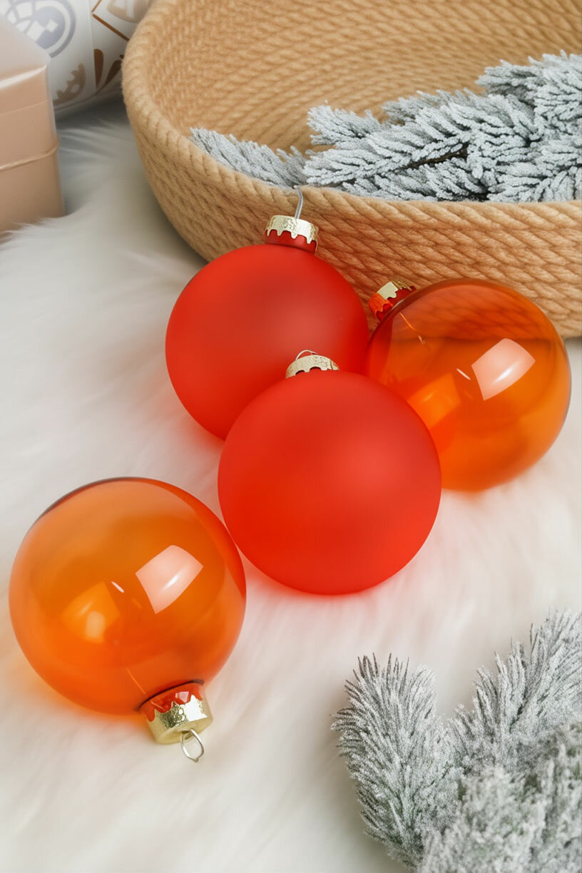 Набор стеклянных шаров праздничный квартет: оранжевый, матовые, и прозрачные, 80 мм, 4 шт, Winter Deco 1001287