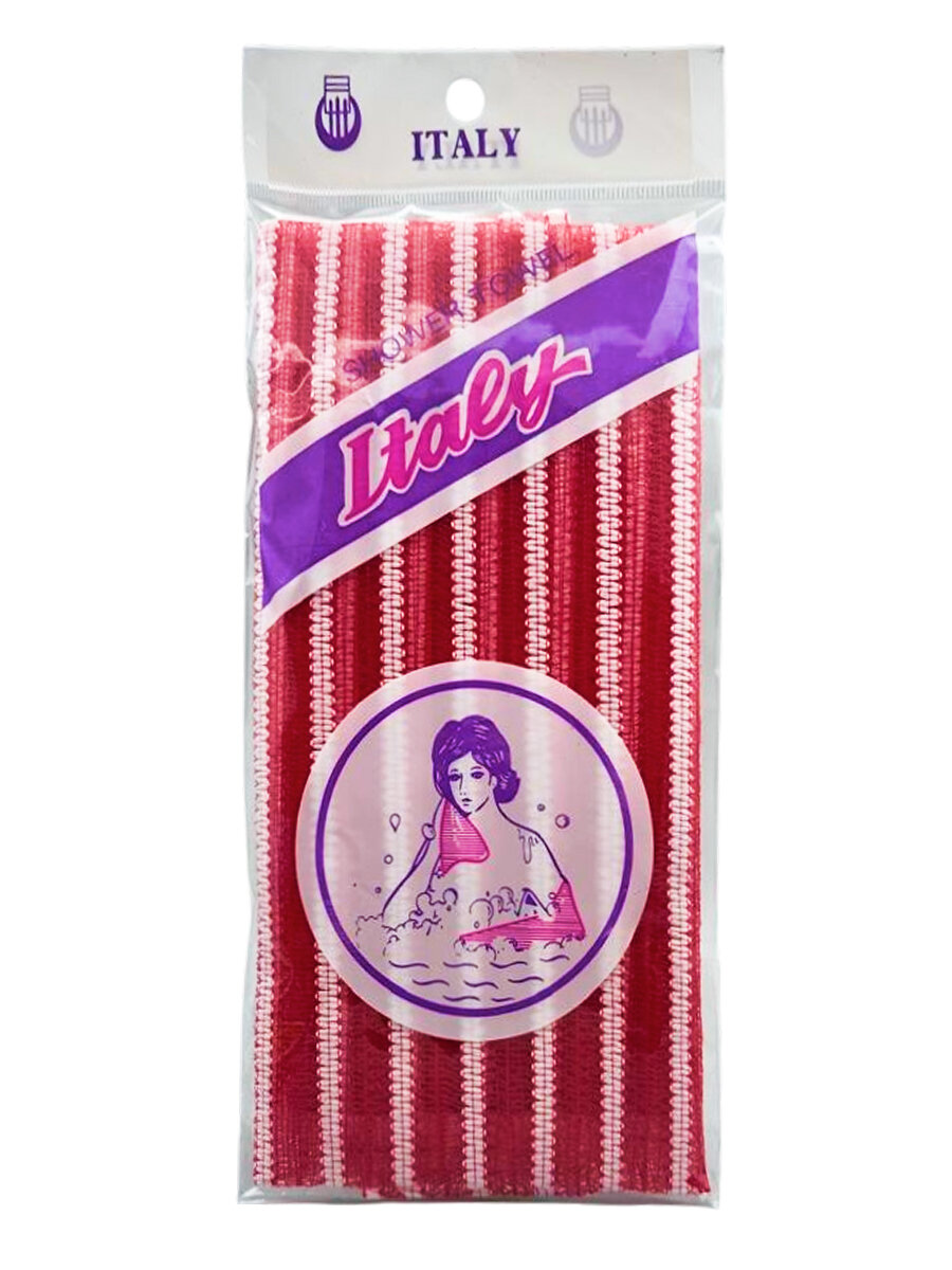 Bath Towel Мочалка-полотенце для душа с пилинг-эффектом / Stripe Long Exfoliating Towel, красная полоска