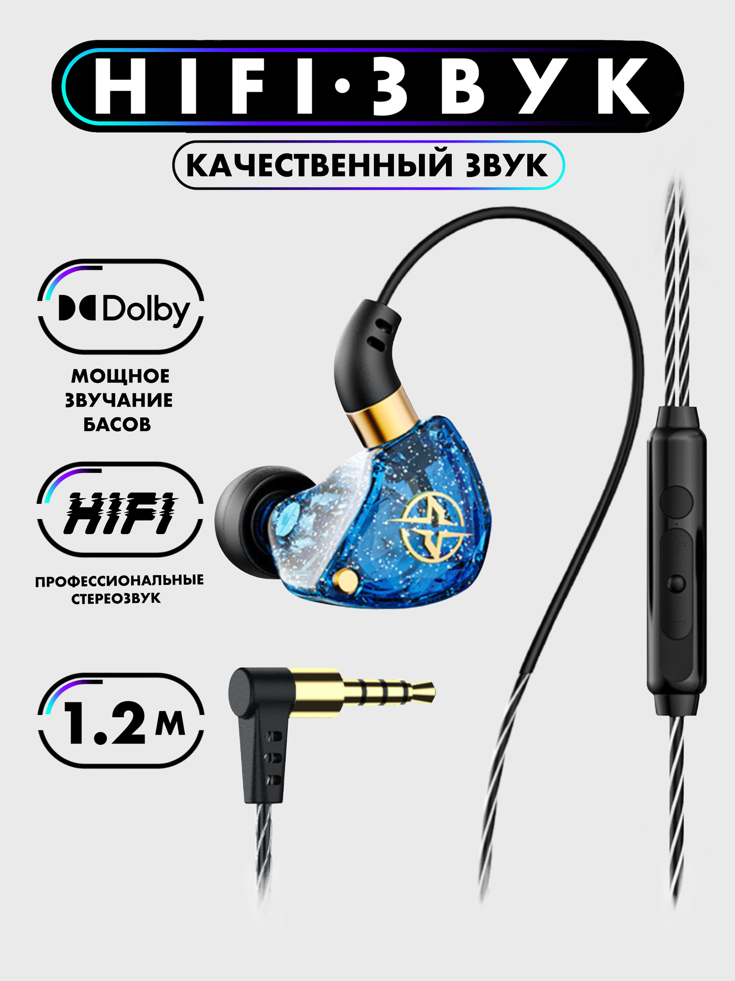 Наушники с микрофоном / разъём jack 3.5 мм / гарнитура / проводные наушники /синий цвет