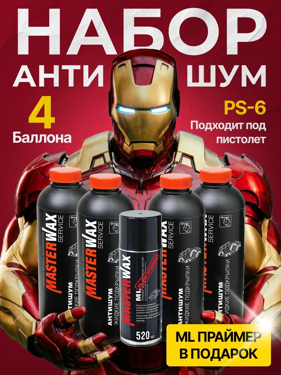 Набор для шумоизоляционной обработки автомобиля MasterWax: антишум Жидкие подкрылки (Антишум BP 4790, евробаллон 4 шт. + праймер ML+респиратор)