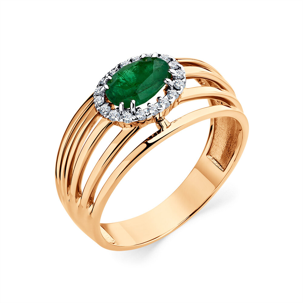 Кольцо, красное золото, 585 проба, изумруд, бриллиант