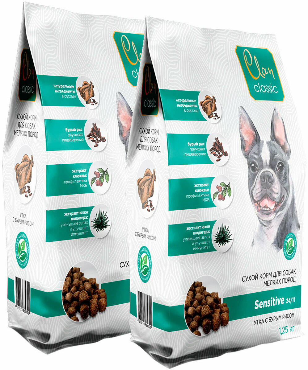 CLAN CLASSIC SENSITIVE 24/11 для взрослых собак маленьких пород с чувствительным пищеварением с уткой и бурым рисом (1,25 + 1,25 кг)