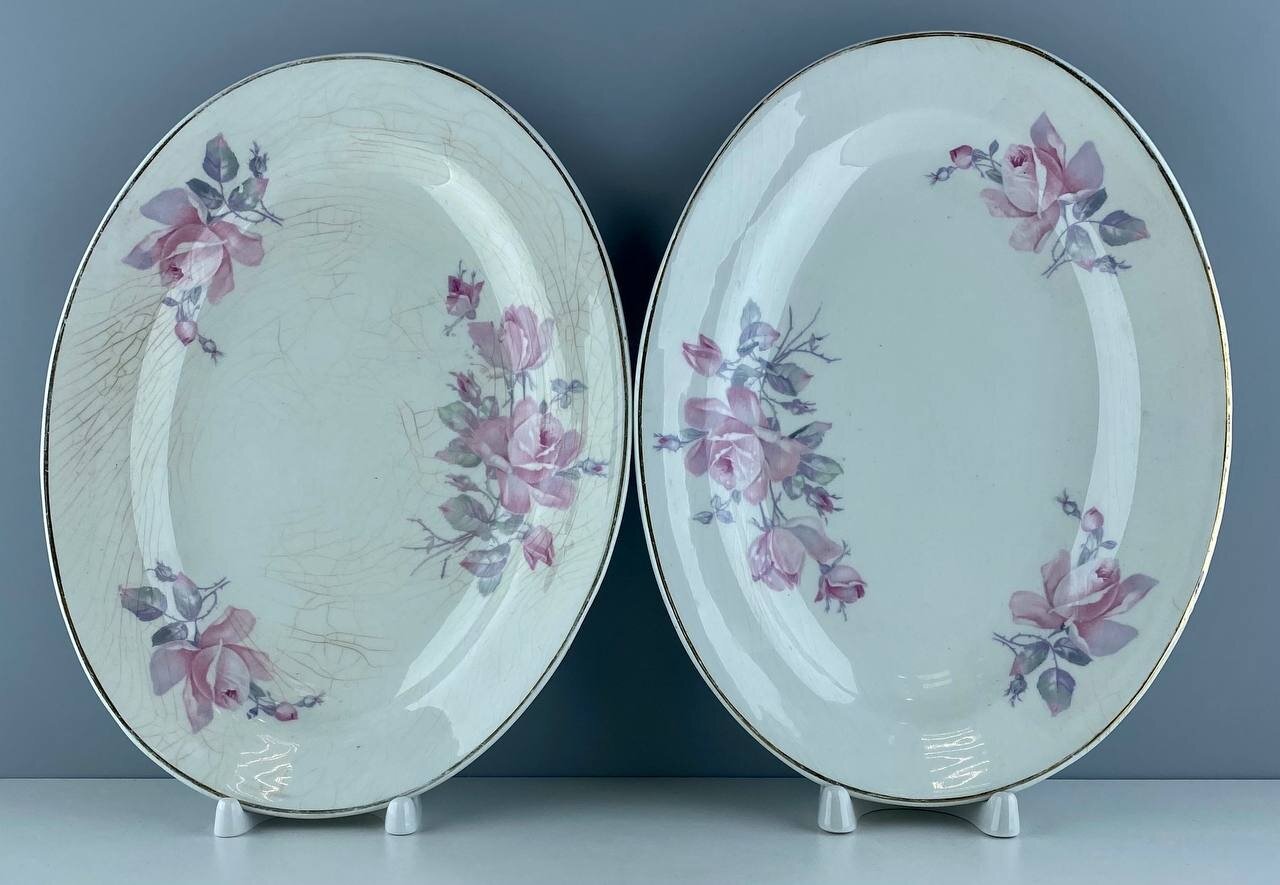 Старинное блюдо "Нежность роз". Фарфор кракелюр Arabia Finland. Финляндия, 1920-е.