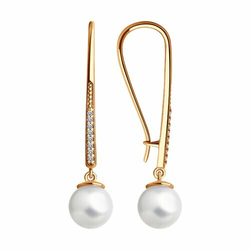 Серьги с подвесками, серебро, 925 проба, золочение, жемчуг культивированный, фианит