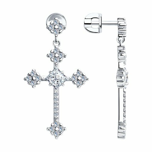 Серьги пусеты, серебро, 925 проба, родирование, фианит