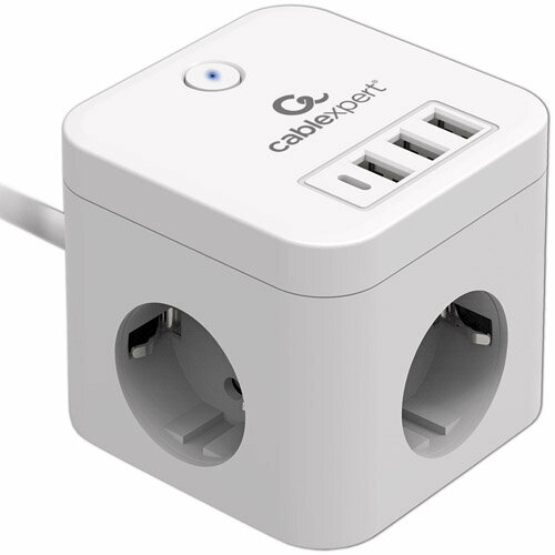 Сетевой фильтр Cablexpert CUBE-3-CU3-W-1.5 куб 3 евро розетки 2.5кВт зарядка 3 порта USB-А + USB-C PD - 1.5м белый