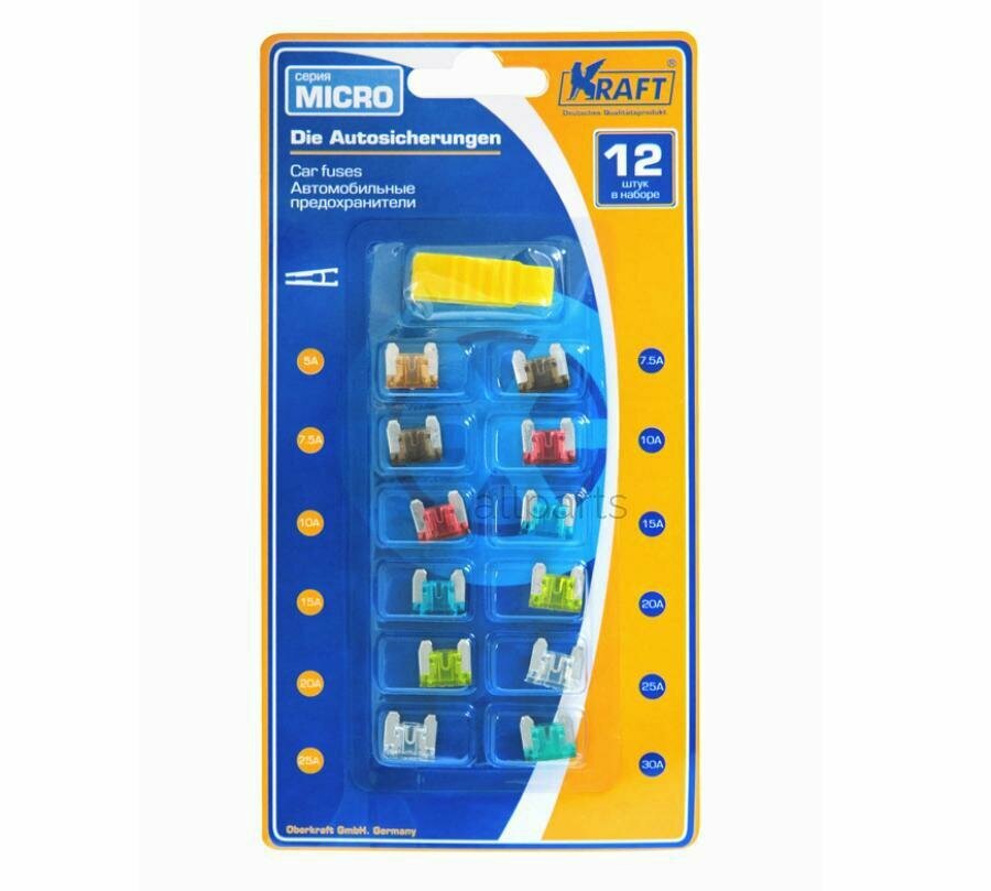 KRAFT KT870016 набор предохранителей В блист. (Серия MICRO 12ШТ) состав блистера (12ШТ): предохранитель 5 ампер - 1 ШТ, 7,5А - 2 ШТ, 10А - 2ШТ, 15А-2ШТ, 20А-2ШТ, 25А-2ШТ, 30А-1ШТ. В состав входит удобный пинцет для замены предохранителей.