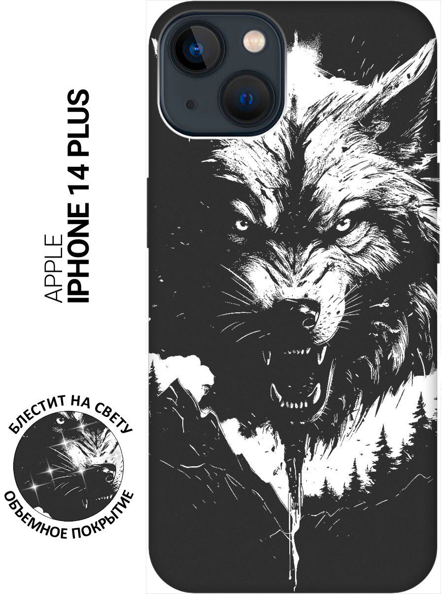 Силиконовый чехол на Apple iPhone 14 Plus / Эпл Айфон 14 Плюс с рисунком "Волк и горы" Soft Touch черный