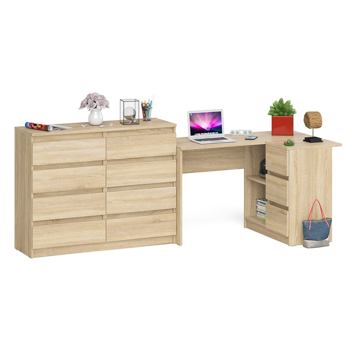 Компьютерный стол СВК Мори МС-16 правый с комодом 8 ящиков цвет дуб сонома, 244,8х84,9х94 см.