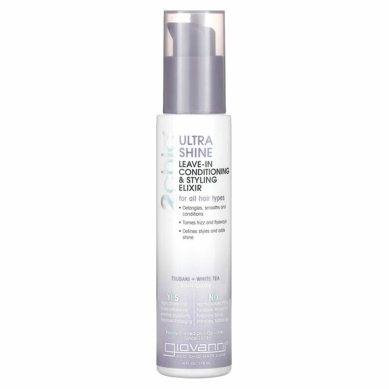Giovanni, ливин 2chic, Ultra Shine Leave-In Conditioning Styling Elixir, для всех типов волос, Tsubaki +White Tea, 4 fl oz (118 ml)