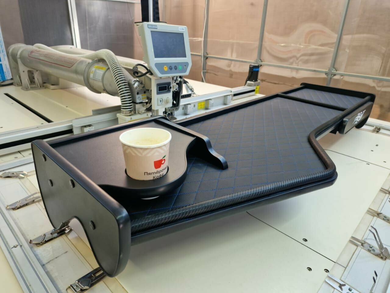 Полка с ящиком 2 Яруса Черная экокожа Синий ромб