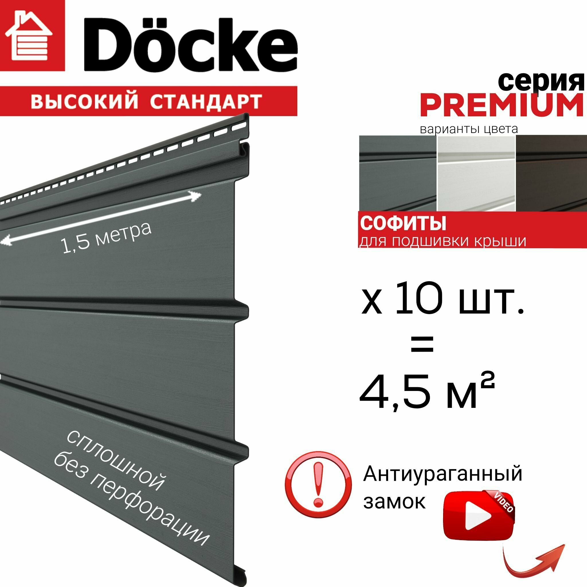 Софиты для кровли 10 шт х 1,5 метра комплект 4,5 м2 Docke Premium цвет Графит с центральной перфорацией