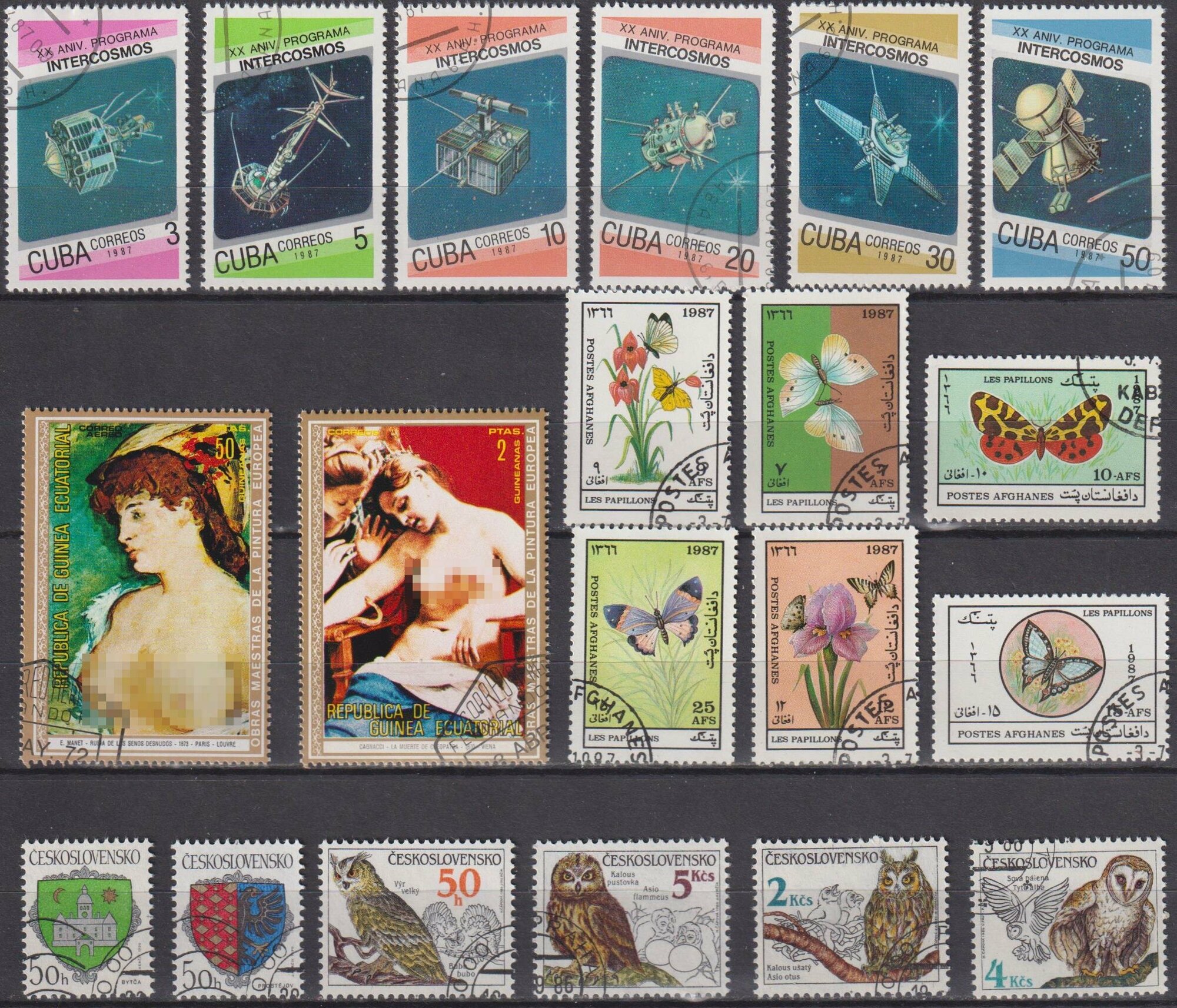 Набор почтовых марок "Начальная коллекция иностранных почтовых марок №1" Гербы, Птицы, Космос, Картины, Бабочки