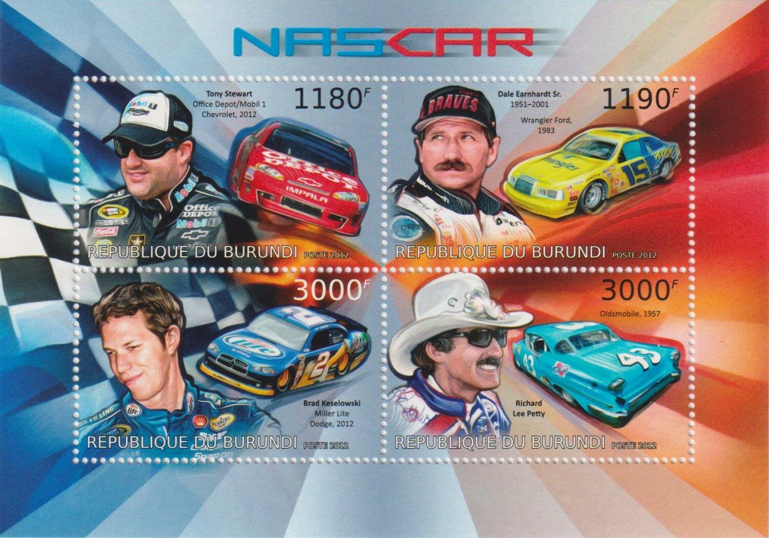 Почтовые марки Бурунди 2012г. "Гоночные автомобили - водители NASCAR" Автомобили, Гонки MNH
