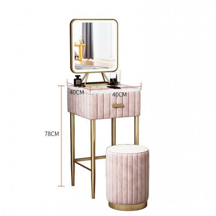 Компактный туалетный столик шириной 40/50/60 см обитый велюром Belle (розовый велюр ширина 40 см + пуфик + квадратное зеркало)