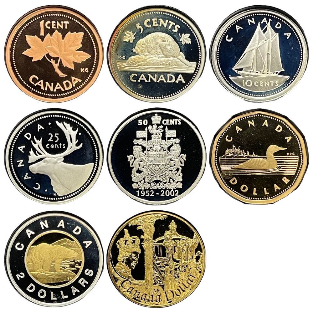 Канада, набор монет 1, 5, 10, 25, 50 центов, 1, 2, доллара "Golden Jubilee, Proof Set" 2002 г.