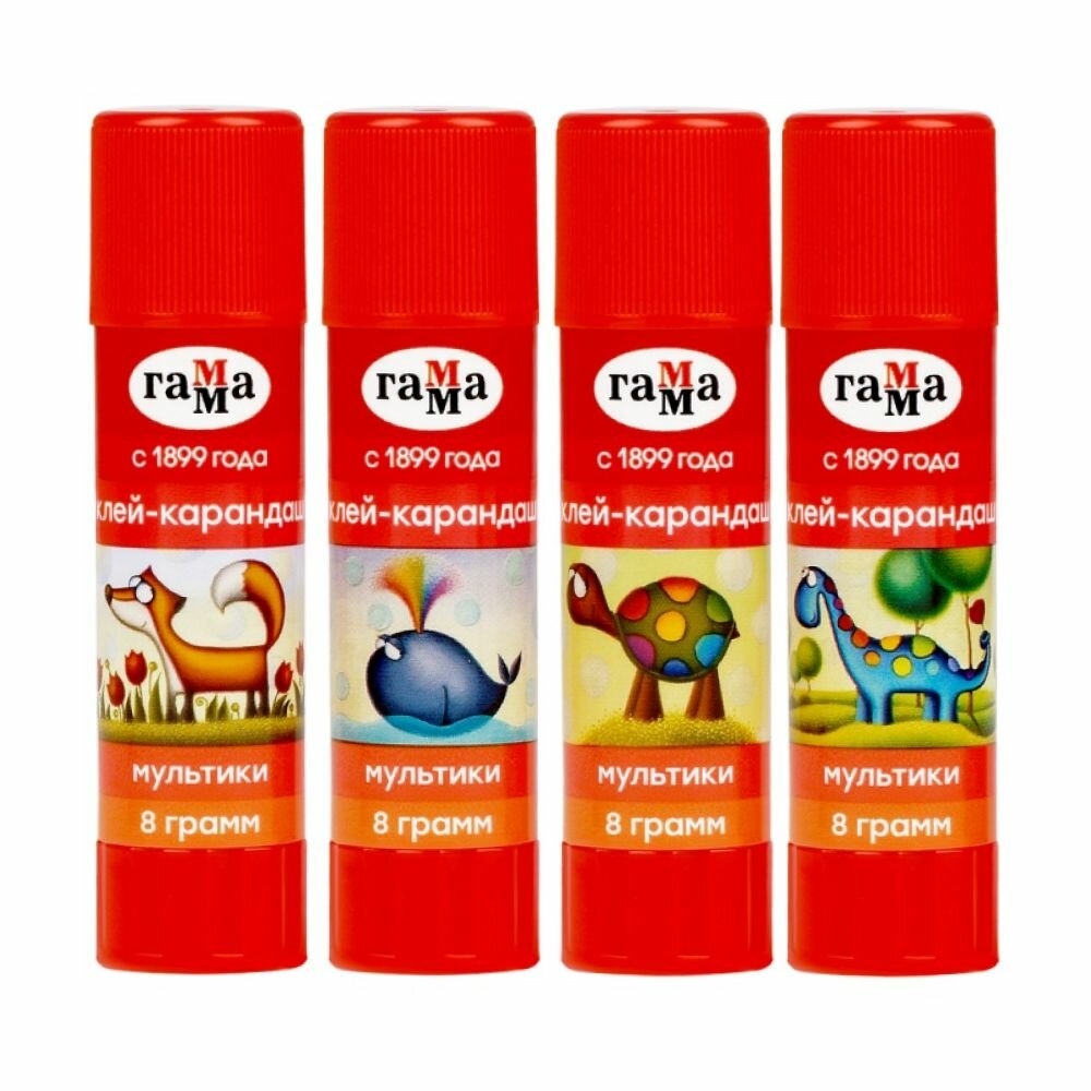 Клей-карандаш Гамма "Мультики", 8 г, 4 шт