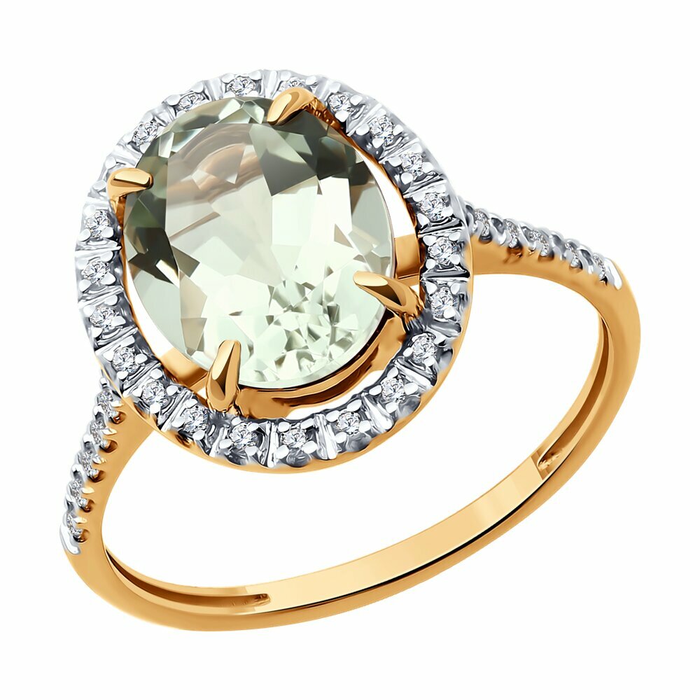 Кольцо, красное золото, 585 проба, празиолит, фианит