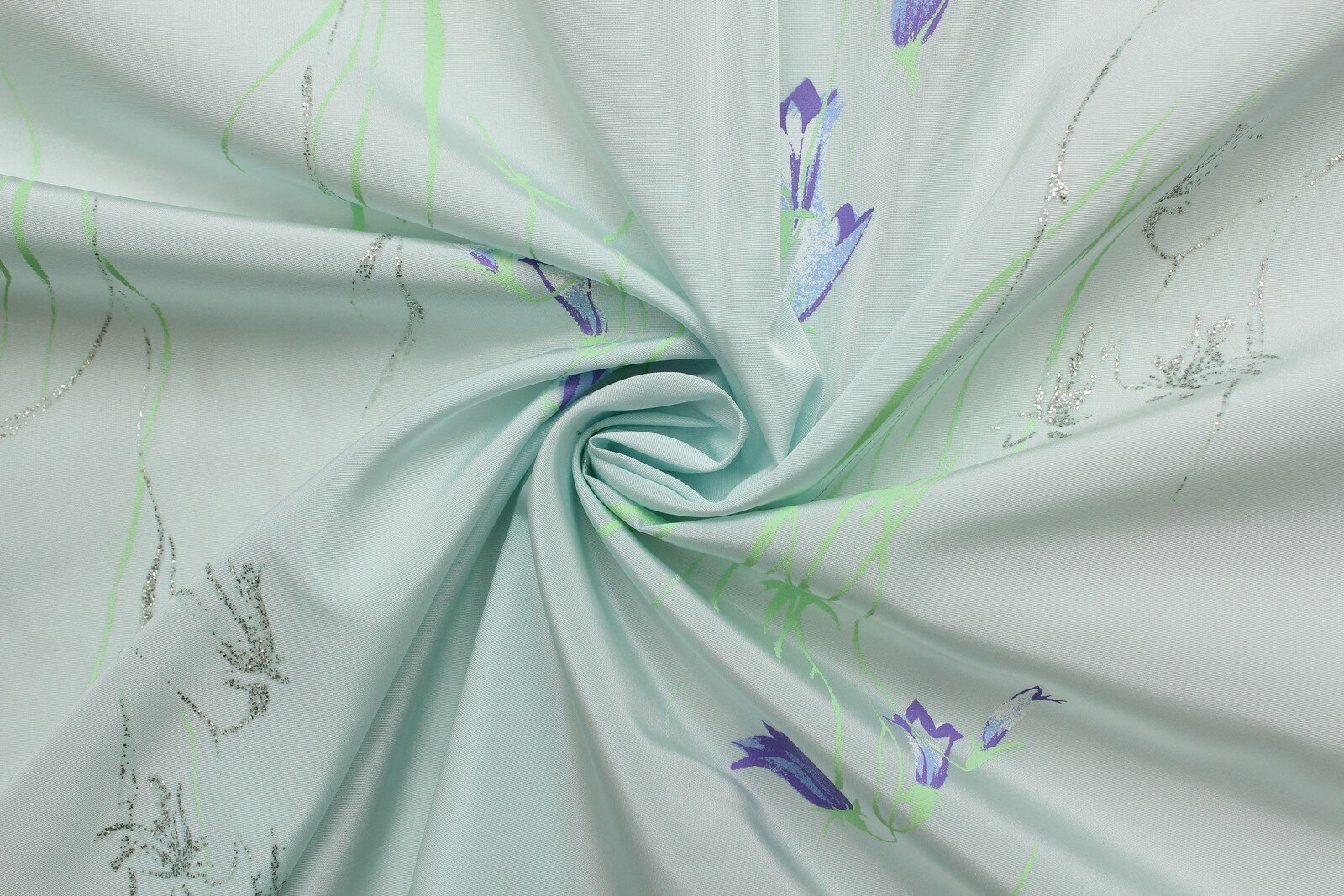 Ткань Тафта Nephila бледно-голубая с колокольчиками и серебристым напылением, ш142см, 0,5 м