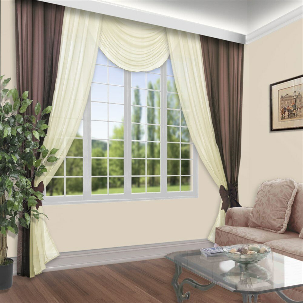 Комплект легких штор с ламбрекеном, кремовый/шоколадный