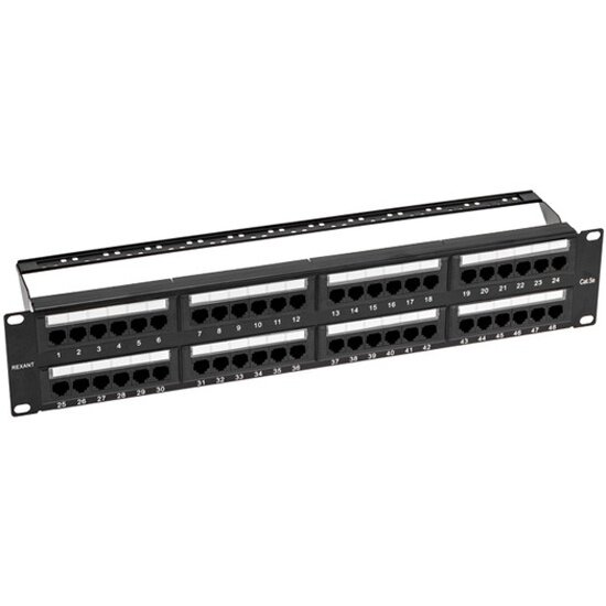 Патч-панель Rexant PRO с кабельными органайзерами 19", 2U, 48 портов, UTP, RJ-45, CAT 5e