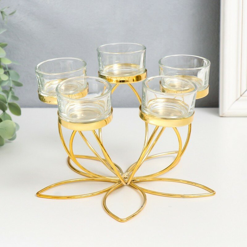 Подсвечник металл, стекло на 5 свечей "Контуры лилии" d-4,5 см золото 18х18,5х12,5 см