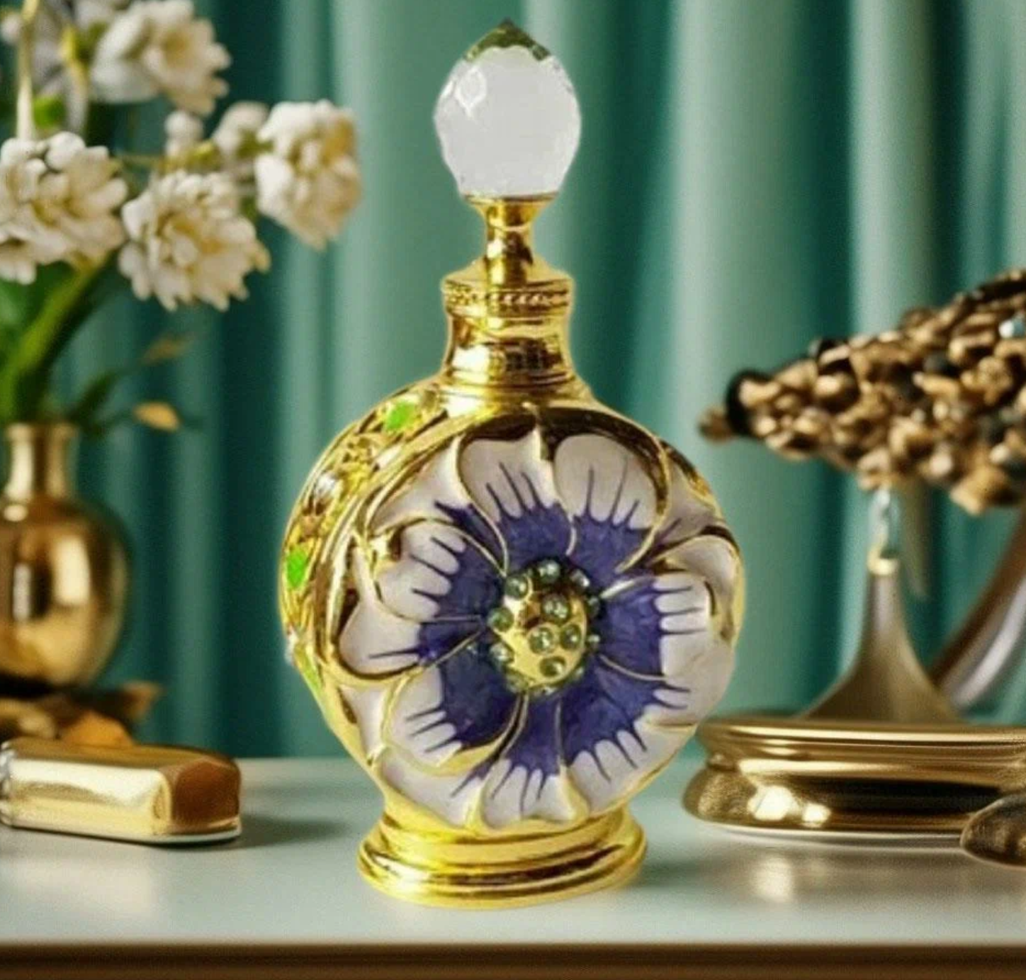 Флакон для масляных духов Layli-12мл, бело-синий цветок, высота 12см.