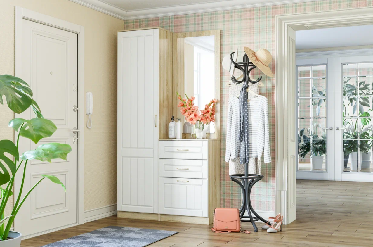 Прихожая Сильва Оливия комплектация 2 (НМ 014.71 ЛВ+НМ 040.49+НМ 040.45) Белое дерево, дуб сонома