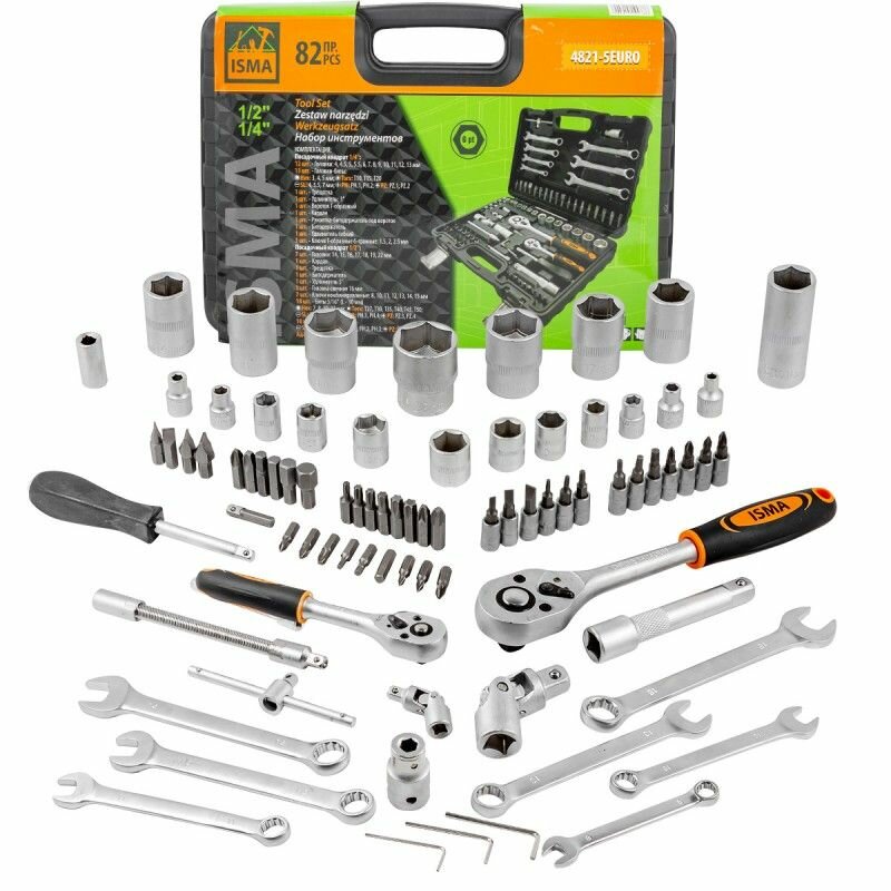 Набор инструментов 82 предмета 1/2", 1/4" (6гр.), в пластиковом кейсе
