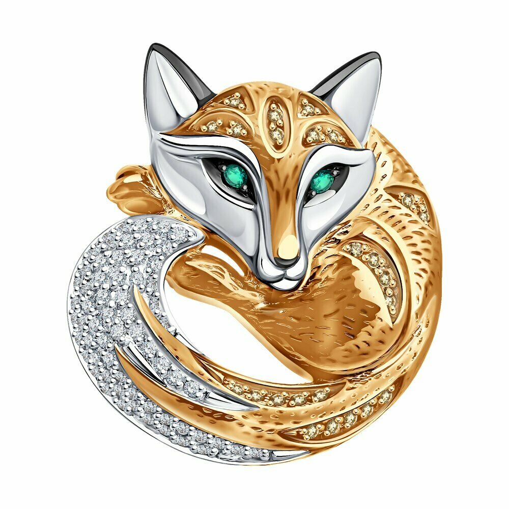 Брошь, красное золото, 585 проба, бриллиант, изумруд