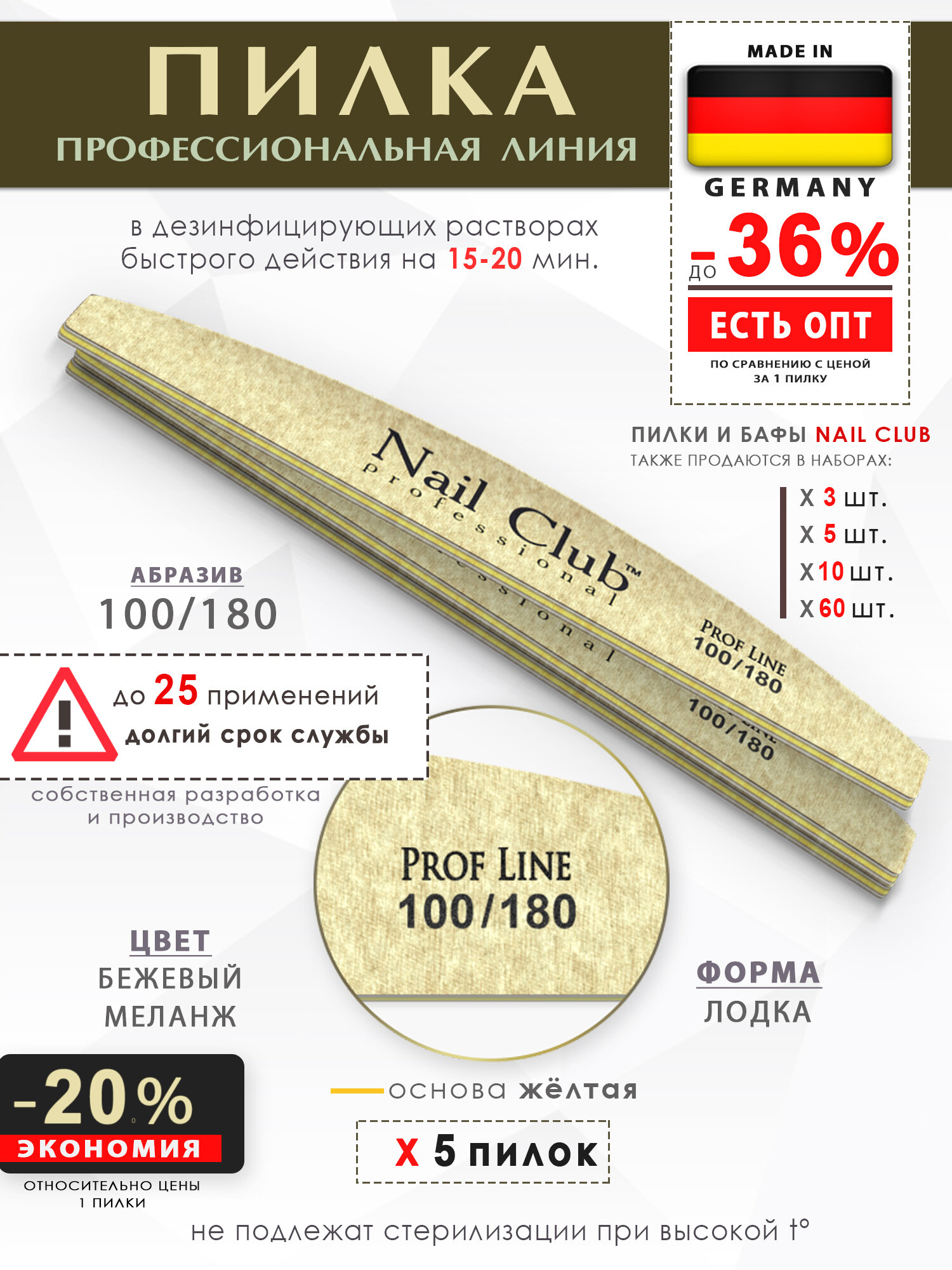 Nail Club Маникюрная пилка для опила ногтей PROF LINE лодка 100/180, 5 шт.