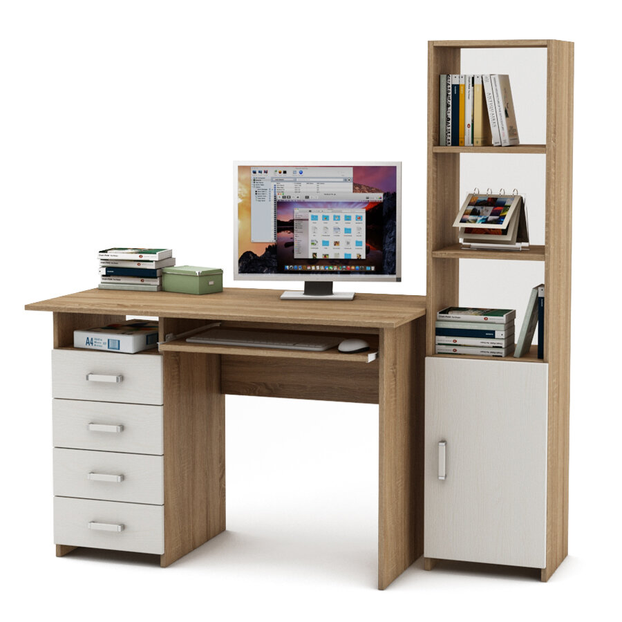 Стол письменный, компьютерный со стеллажом Лайт (Ньюкасл) 4К дуб сонома/Фасад Белый