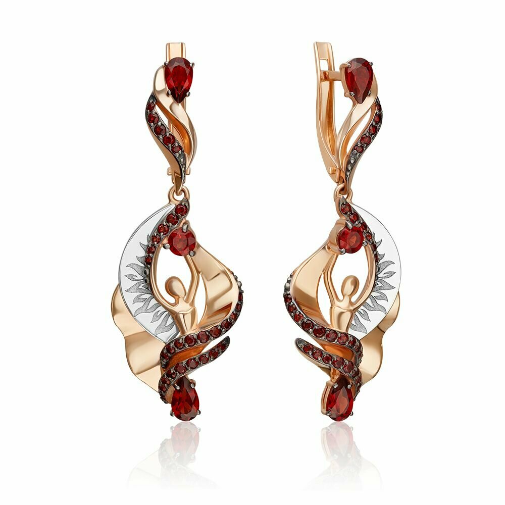 Серьги, комбинированное золото, 585 проба, родирование, гранат