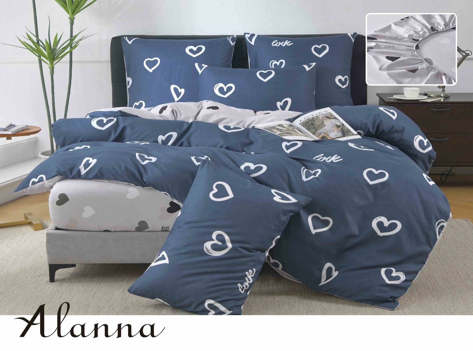 Комплект постельного белья двуспальный Alanna сатин - Синий Сердечки