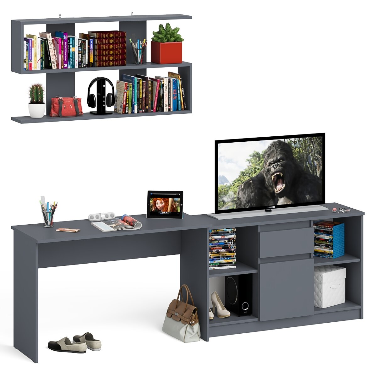 Тумба большая СВК Мори МТВ1204.1 с дверками и нишами со столом и верхней полкой графит