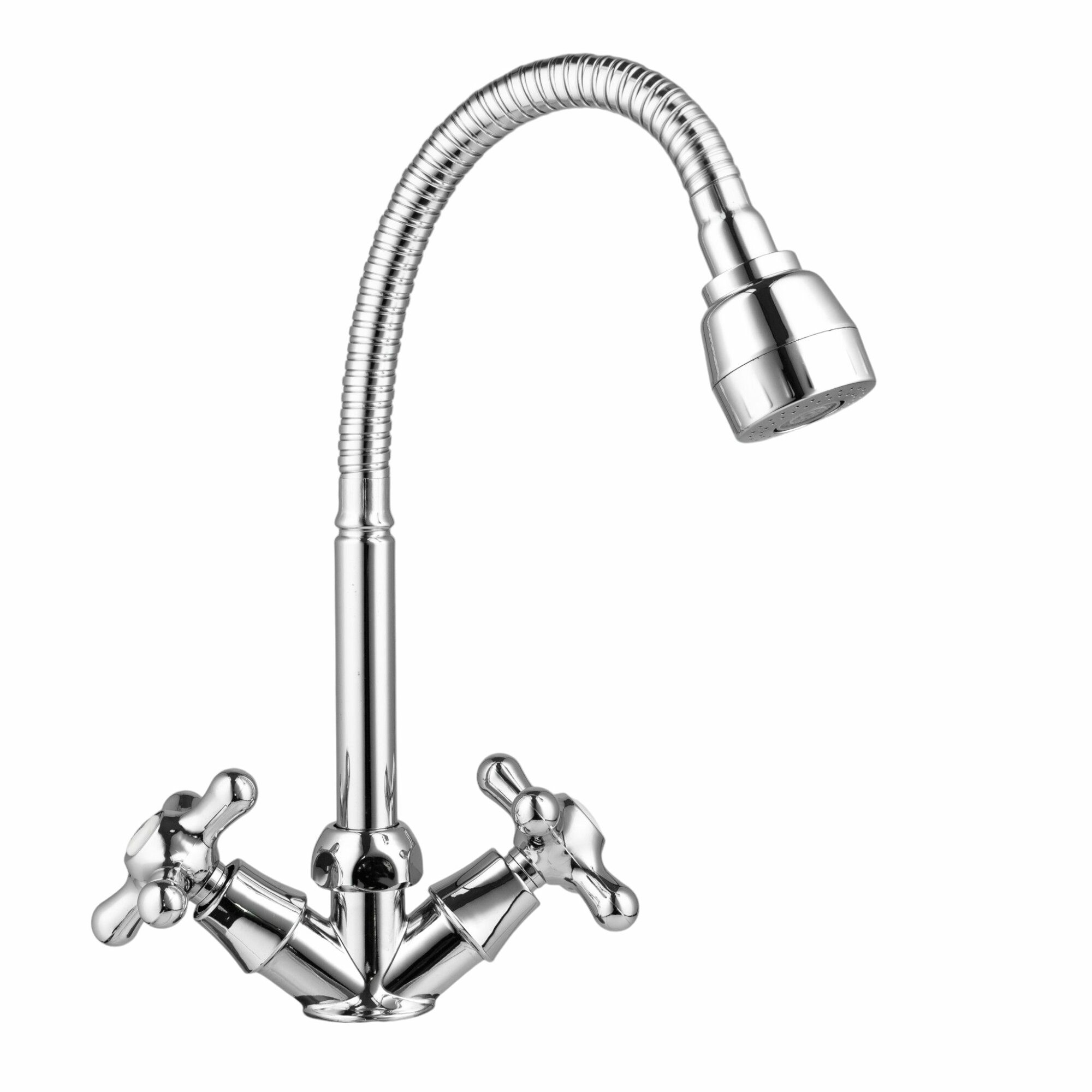 Смеситель для кухни с длинным гибким изливом с вентильными ручками, хромированный