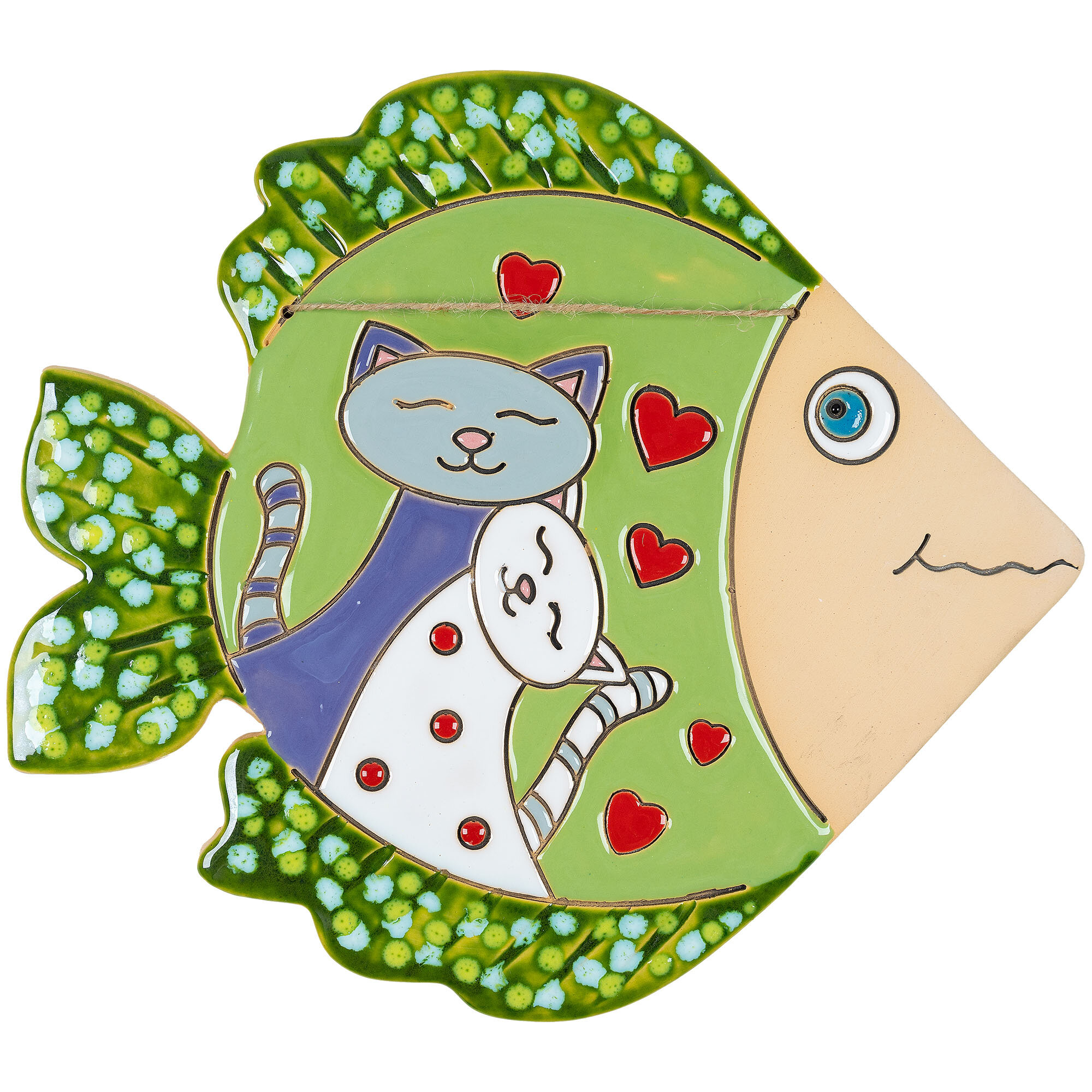 Панно декоративное Рыба Влюбленные коты (зеленый фон) керамическое авторской ручной работы