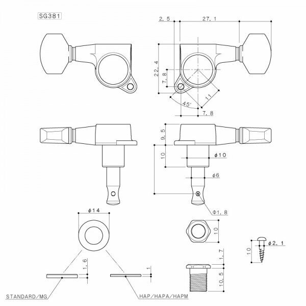 Колок одиночный GOTOH SG381-HAPM-20, Ex-Long, правый, чёрный