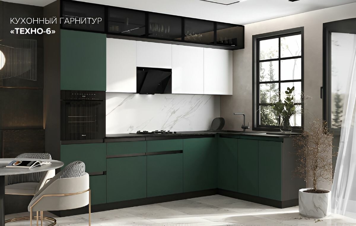 Кухонный гарнитур Техно-6 3,0Х1,8м Графит/Браш Мени Грин/Белый