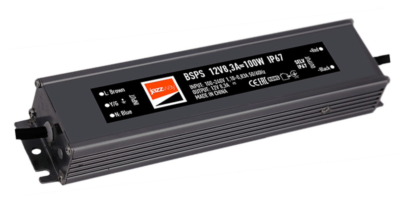 Драйвер Jazzway / Джазвэй BSPS для светодиодной ленты в металлическом корпусе, черный, 220х50х32мм, 100Вт, 12V, IP67 / блок питания