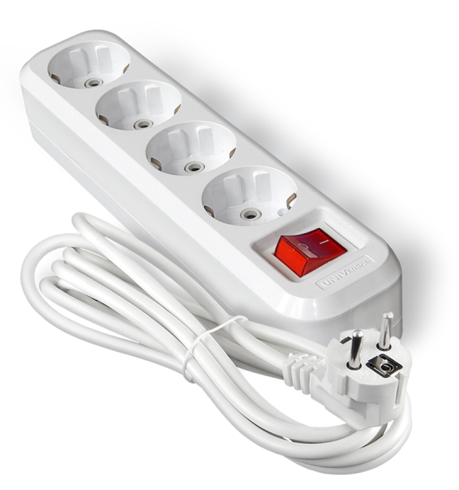 Удлинитель бытовой UNIVersal / Юниверсал Абсолют S-304А ПВС 3х1.5мм2 с зазeмлением и выключателем, 16А 220В, 3 метра 4 розетки белый, 1734